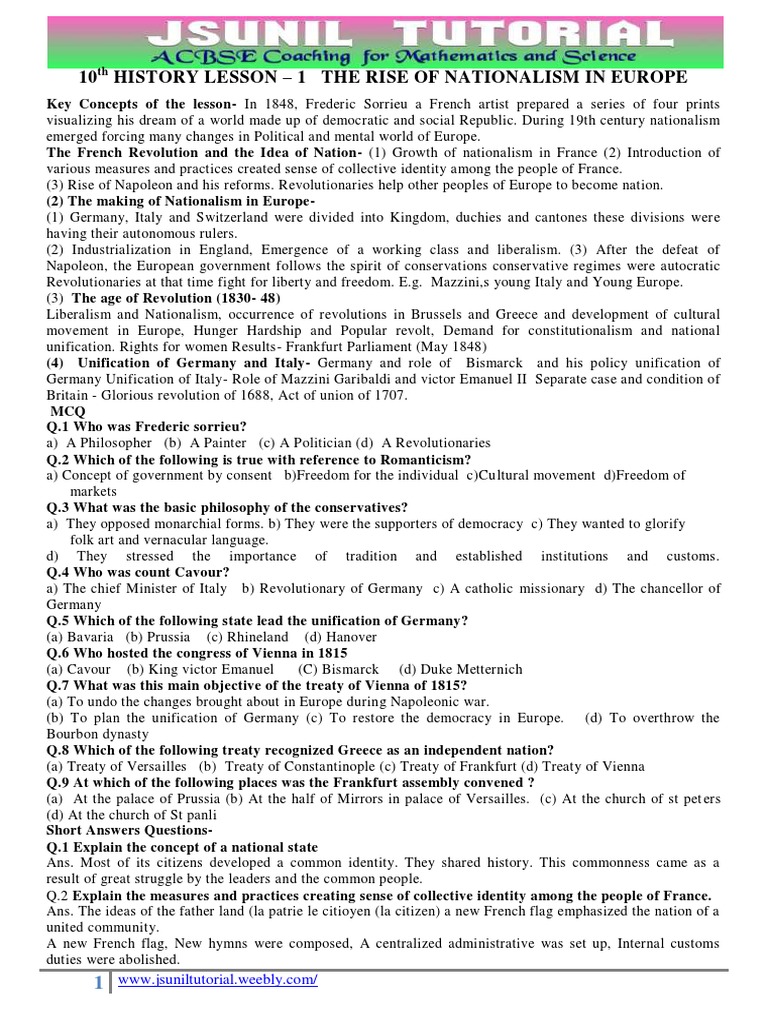 10th History Lesson 1 The Rise of Nationalism in Europe | PDF ...