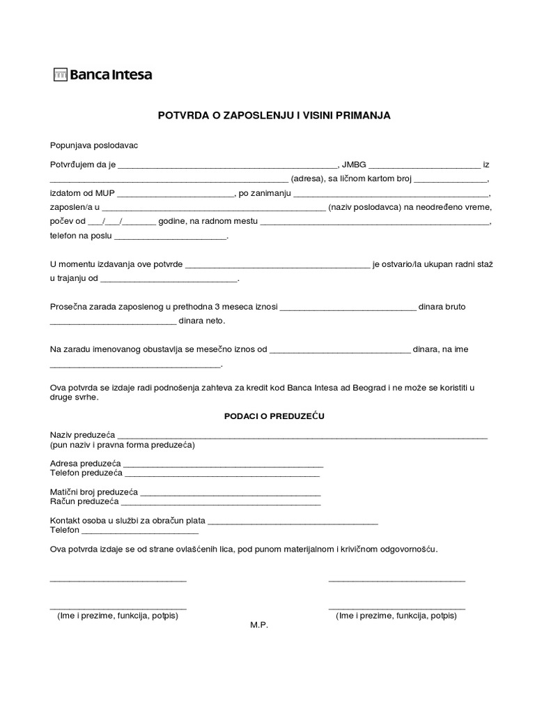 Potvrda o Zaposlenju I Visini Primanja | PDF