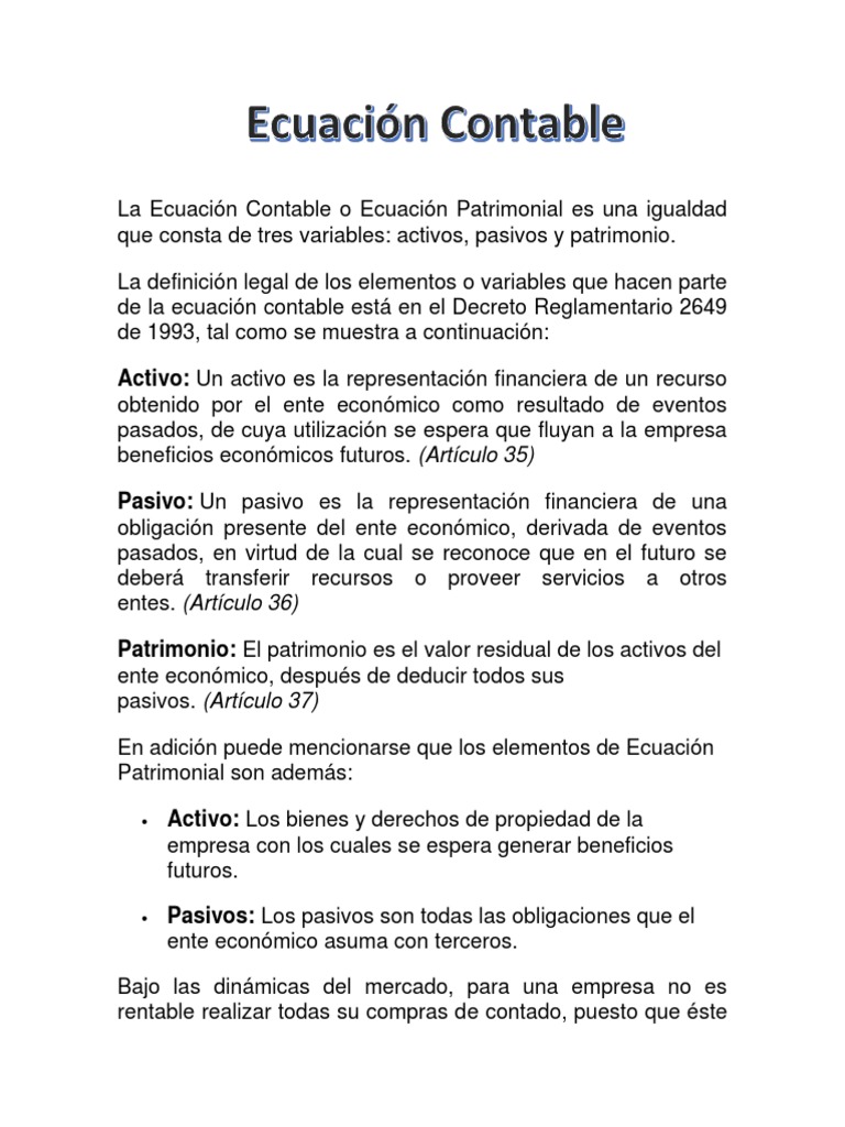 La Ecuación Contable o Ecuación Patrimonial Es Una Igualdad Que Consta ...
