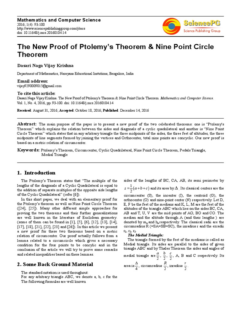 The New Proof of Ptolemy's Theorem & Nine Point Circle | PDF | Triangle ...