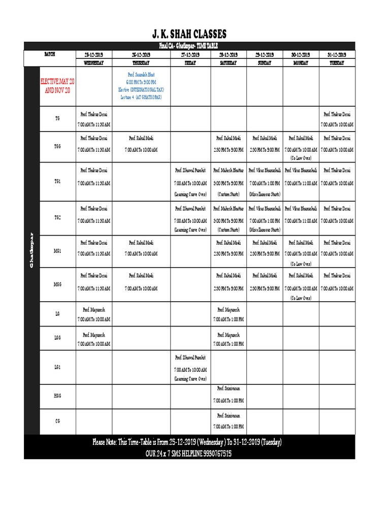 J. K. Shah Classes Ghatkopar Time Table for December 25-31, 2019 with ...