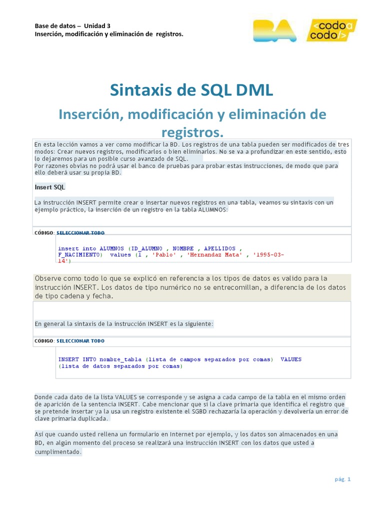 S6 - Sintaxis de SQL DML para Aula | PDF | SQL | Bases de datos