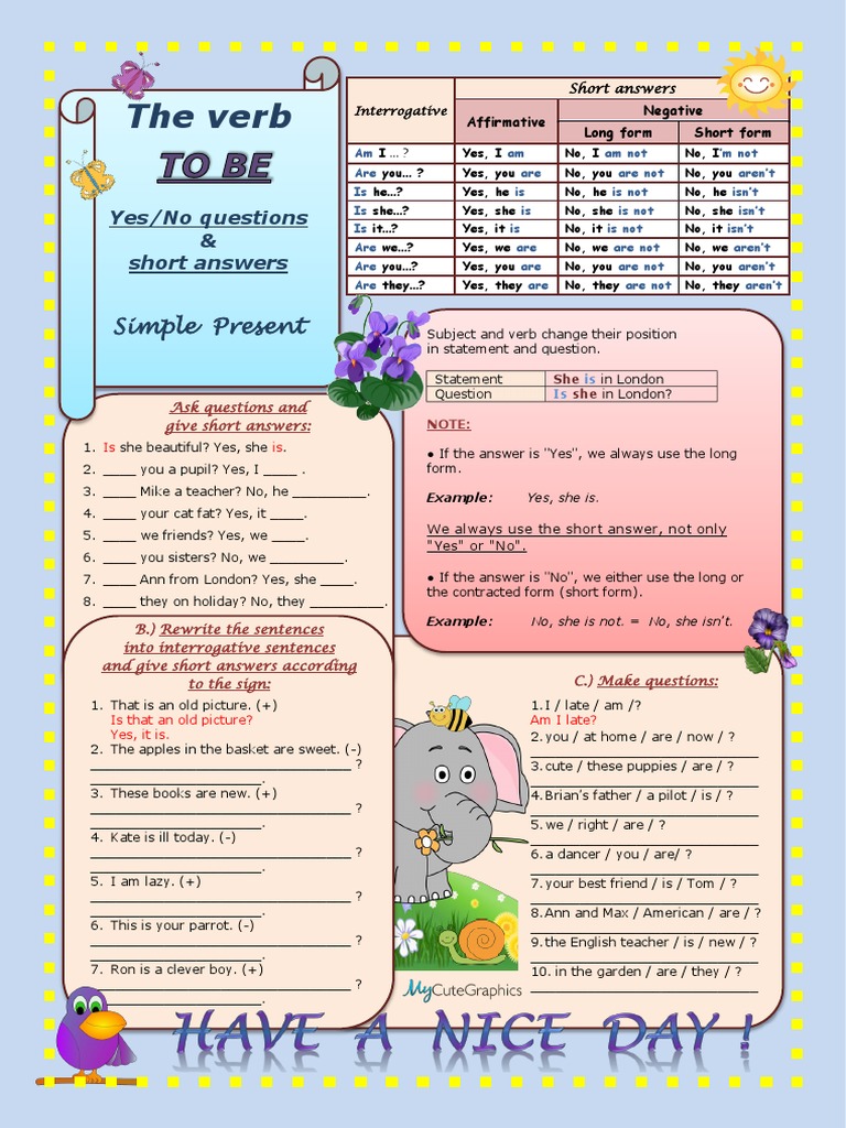 Verb to Be: Yes/No Questions Worksheet | PDF | Question | Linguistic ...