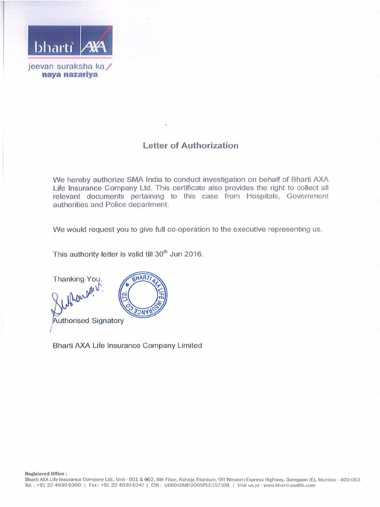 Bharti Axa Authority Letter | PDF