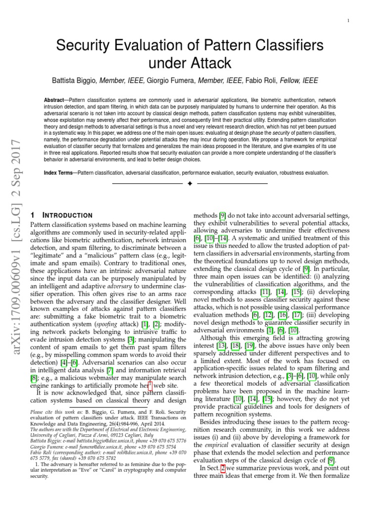 Security Evaluation Of Pattern Classifiers Under Attack By Awt Pdf