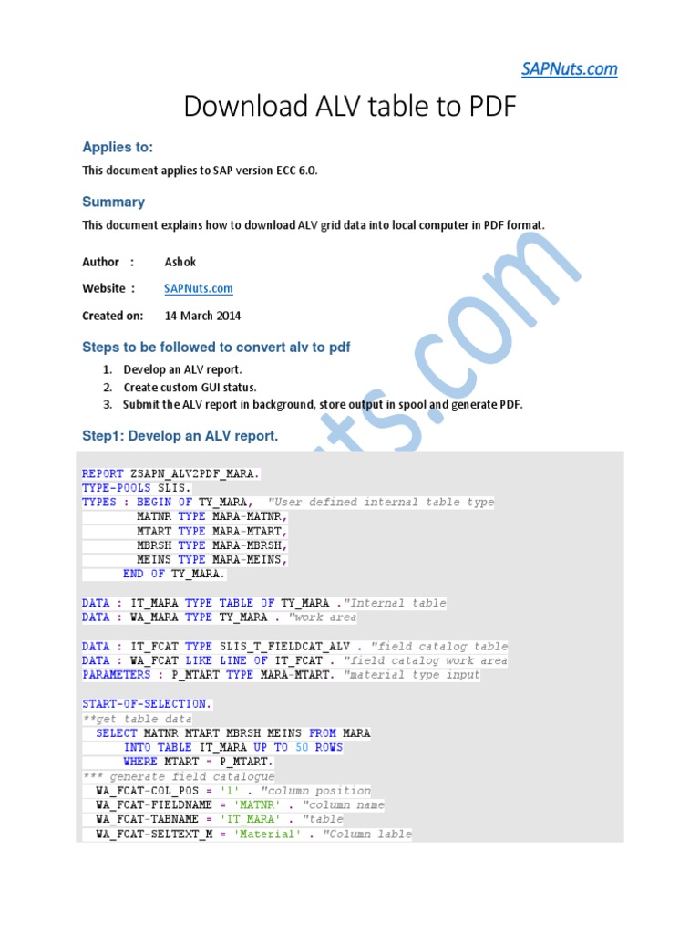 Download ALV Table to PDF in 40 Characters | PDF | Menu (Computing ...