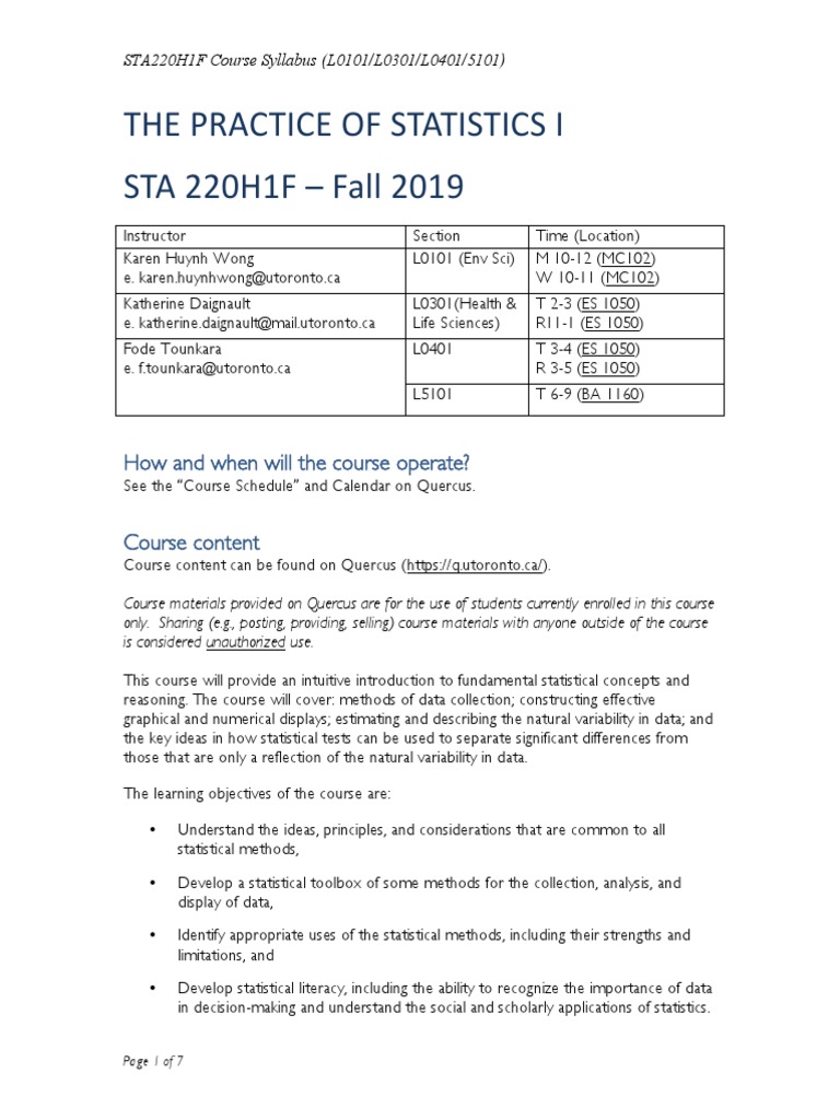 STA220 Syllabus 2019 Fall | PDF | Quiz | Statistics