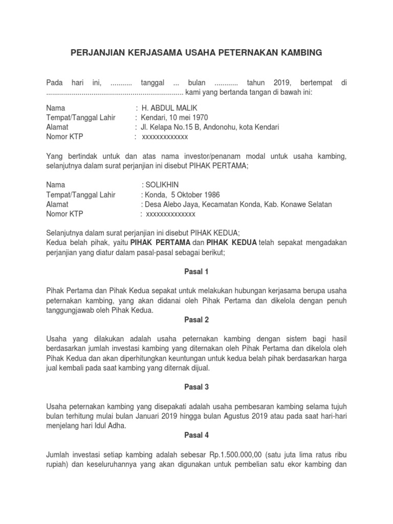 Perjanjian Kerjasama Usaha Peternakan Kambing | PDF