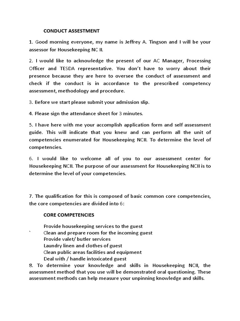 Conduct Competency Assessment SCRIPT | PDF | Question | Educational ...