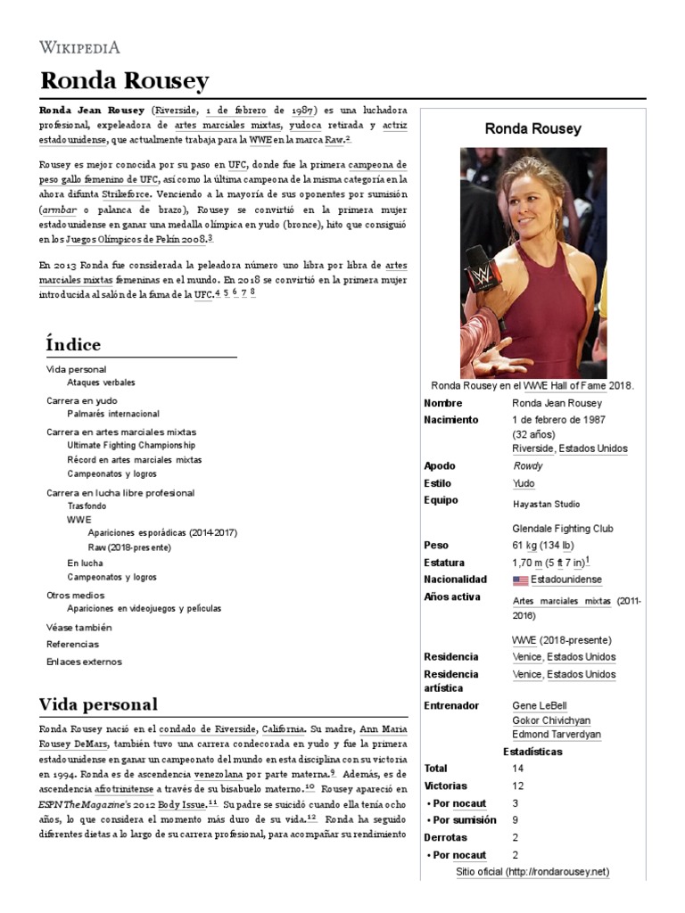 Ronda Rousey - Wikipedia, La Enciclopedia Libre | PDF | Wwe | Lucha ...