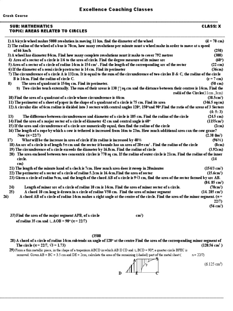 Class 10 Areas Related to Circles Worksheet | PDF | Circle | Area
