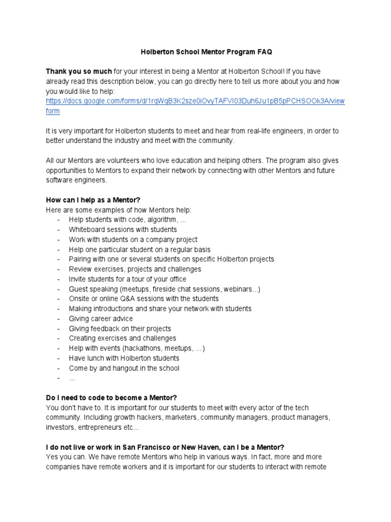 Holberton School Mentor Program FAQ | PDF | Mentorship | Communication