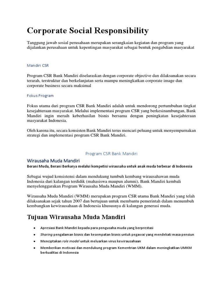 CSR Bank Mandiri | PDF | Pengelolaan Keuangan & Uang | Ilmu Sosial