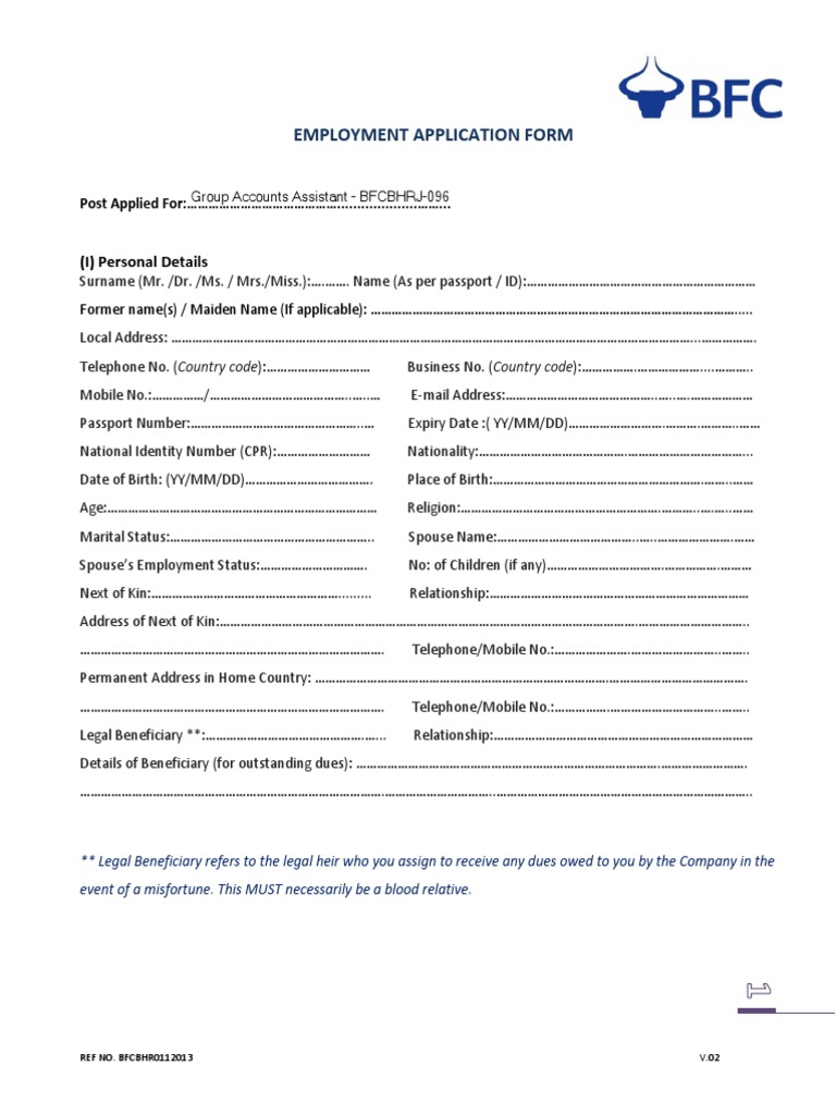 BFC Employment Application Form v4 PDF | PDF | Social Institutions ...