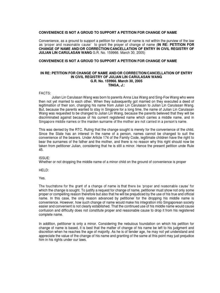 in Re Petition For Change of Name of Julian Lin Carulasan Wang - Victa | PDF | Public Sphere ...