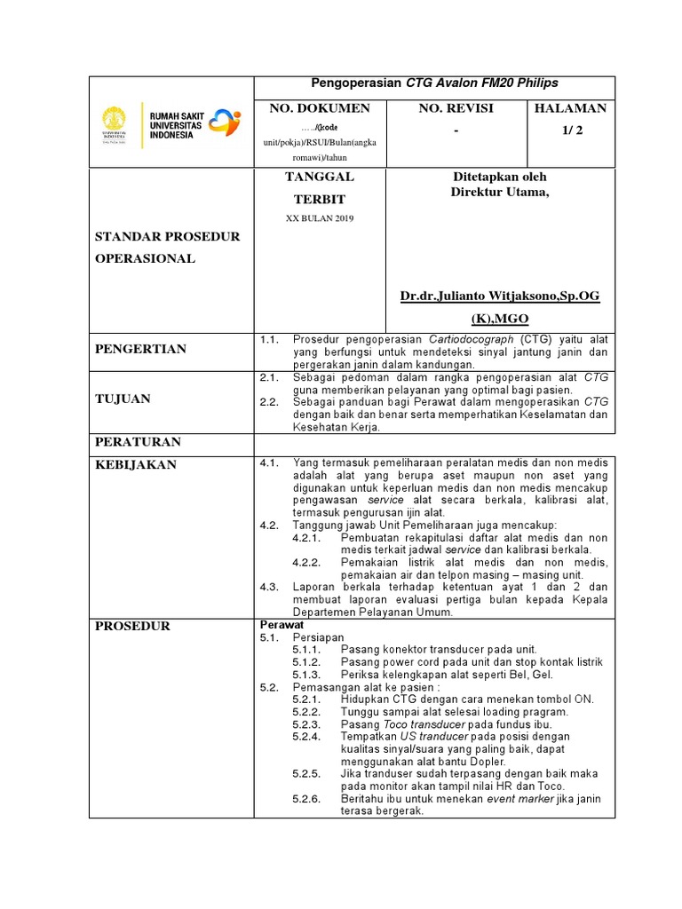 SPO Pengoperasian CTG Avalon FM20 Philips | PDF