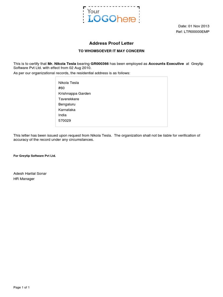 Address Proof Letter