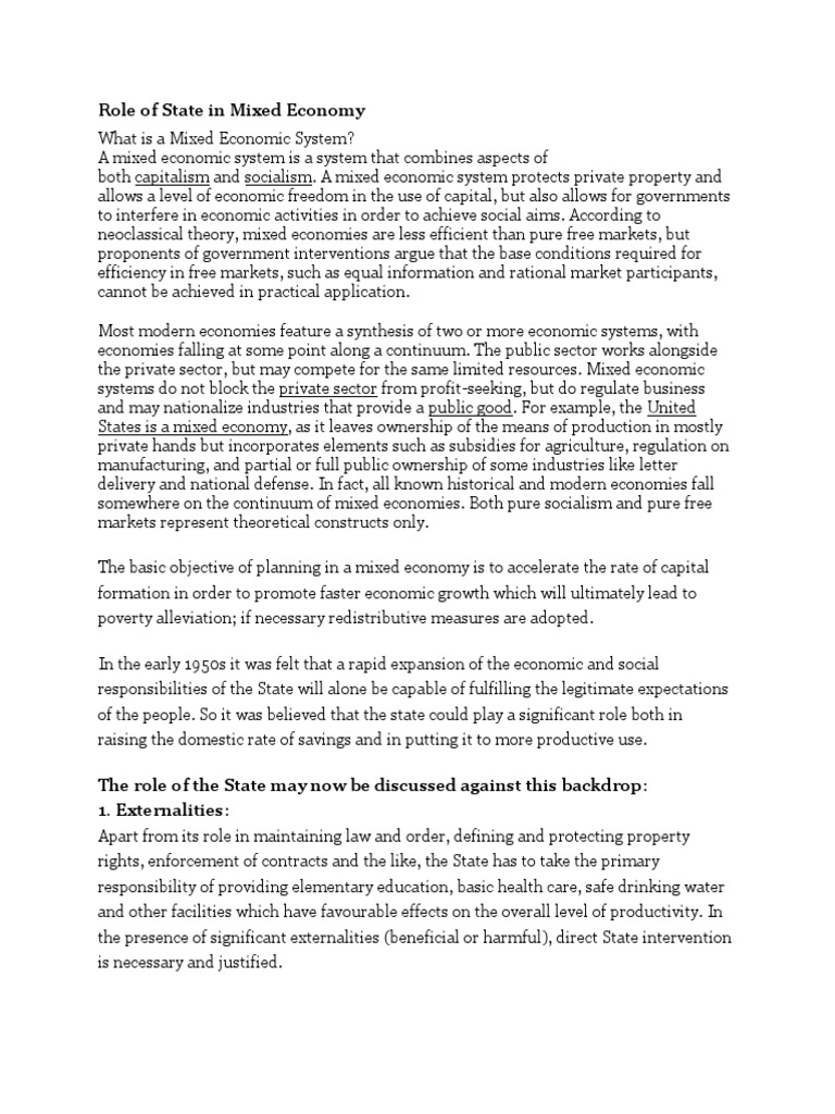 Role of State in Mixed Economy | PDF | Economic System | Free Market