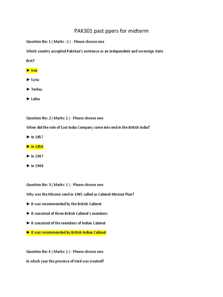 PAK301 Midterm Past Papers | PDF | Pakistan | Politics Of Pakistan