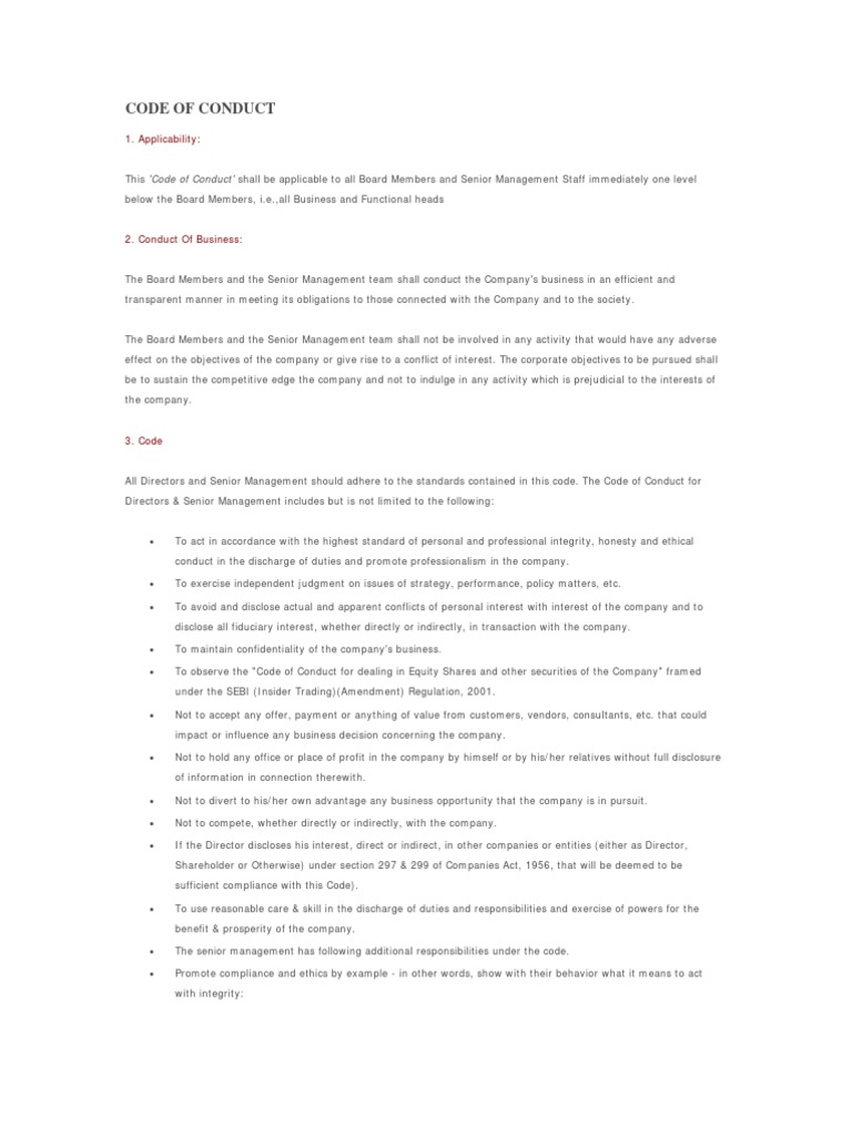 Code of Conduct | Download Free PDF | Board Of Directors | Business