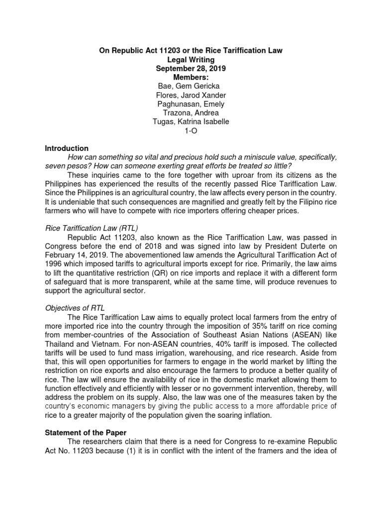 On Republic Act 11203 or The Rice Tariffication Law | PDF | Rice | Farmer