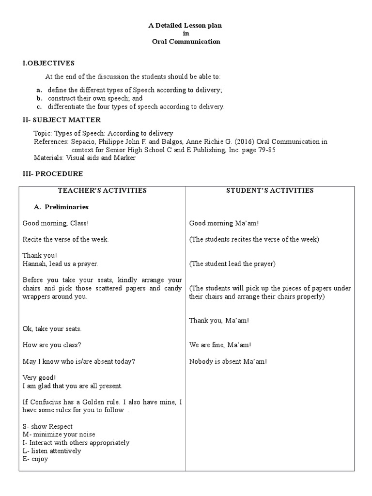 Lesson Plan For Oral Communication | PDF | Lesson Plan | Behavior ...