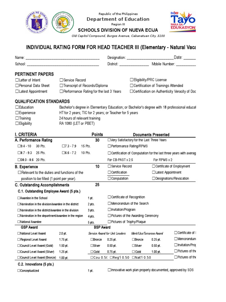 Individual Rating Form Head Teacher III Elementary | PDF | Academic ...