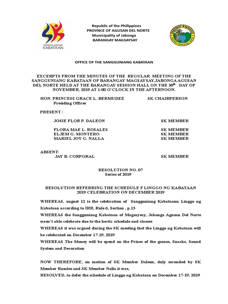 Resolution to Reschedule and Fund the 2019 Linggo ng Kabataan ...