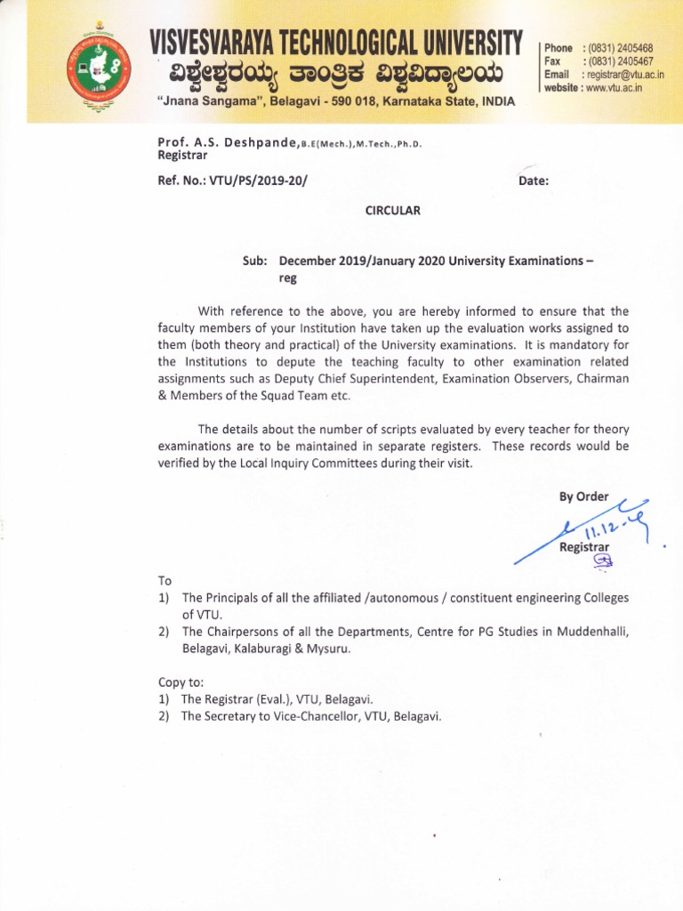 VTU December 2019 Exam Evaluation Circular | PDF