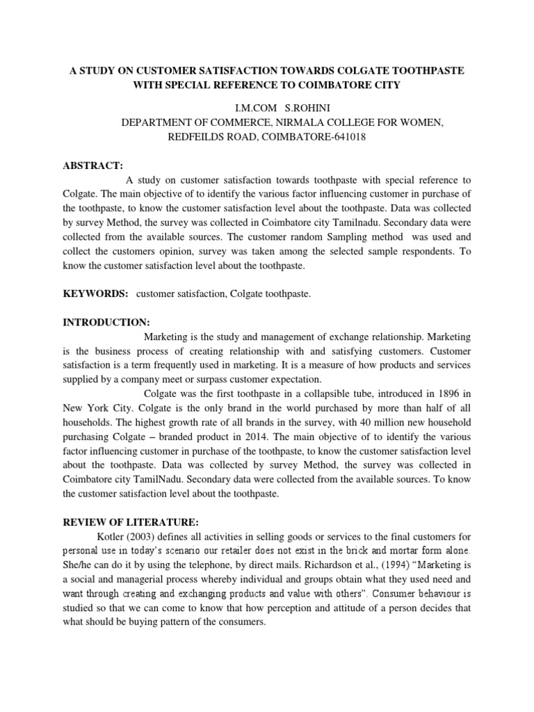 A Study On Customer Satisfaction Toward Colgate Toothpaste | PDF ...
