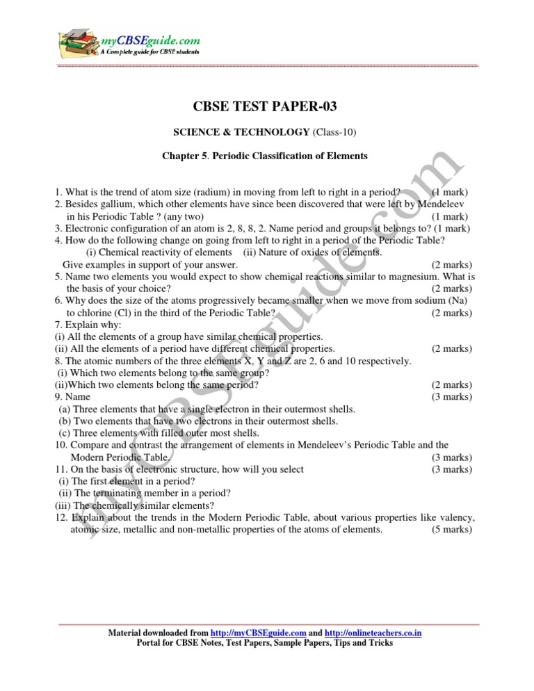 10 Science Periodic Classification of Elements Test 03 | PDF | Periodic ...