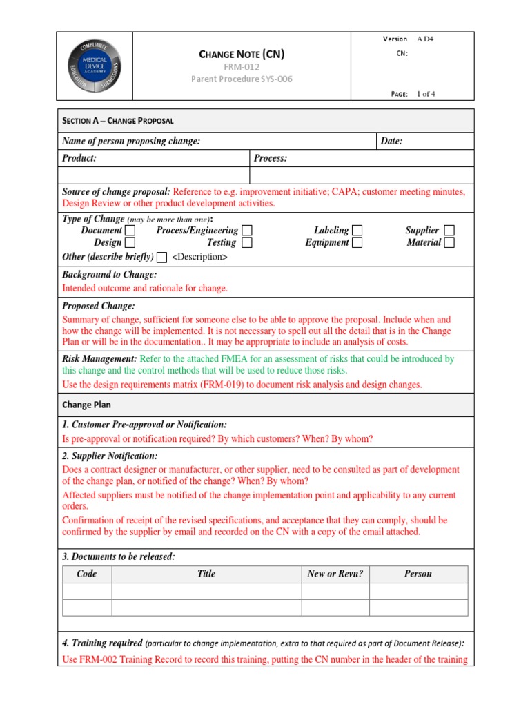 FRM-012 A D4 Change Note | PDF | Verification And Validation | Risk ...