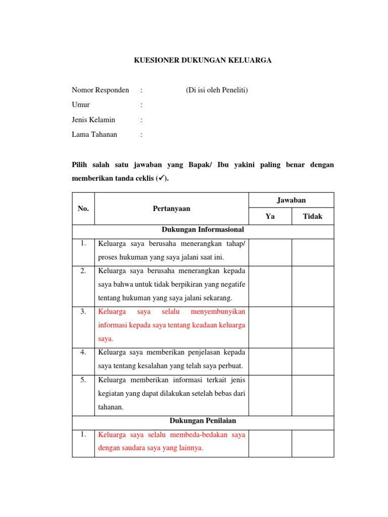 Kuesioner Dukungan Keluarga | PDF