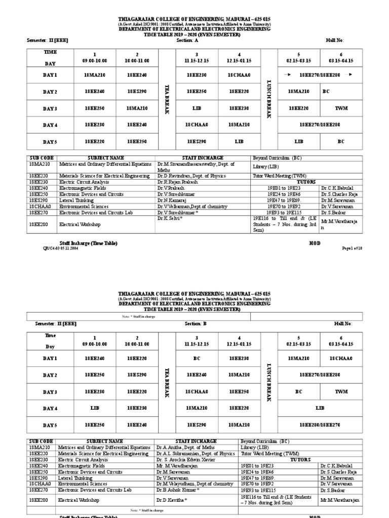 Revised - EEE-Class TIME TABLE - 2019-20-EVEN | PDF | Electrical ...