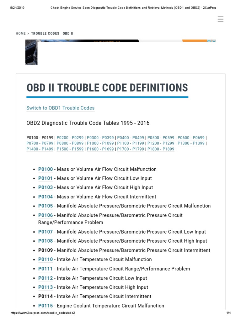 Obd2 Trouble Code Definitions P0100-P0199 | PDF | Throttle | Systems ...