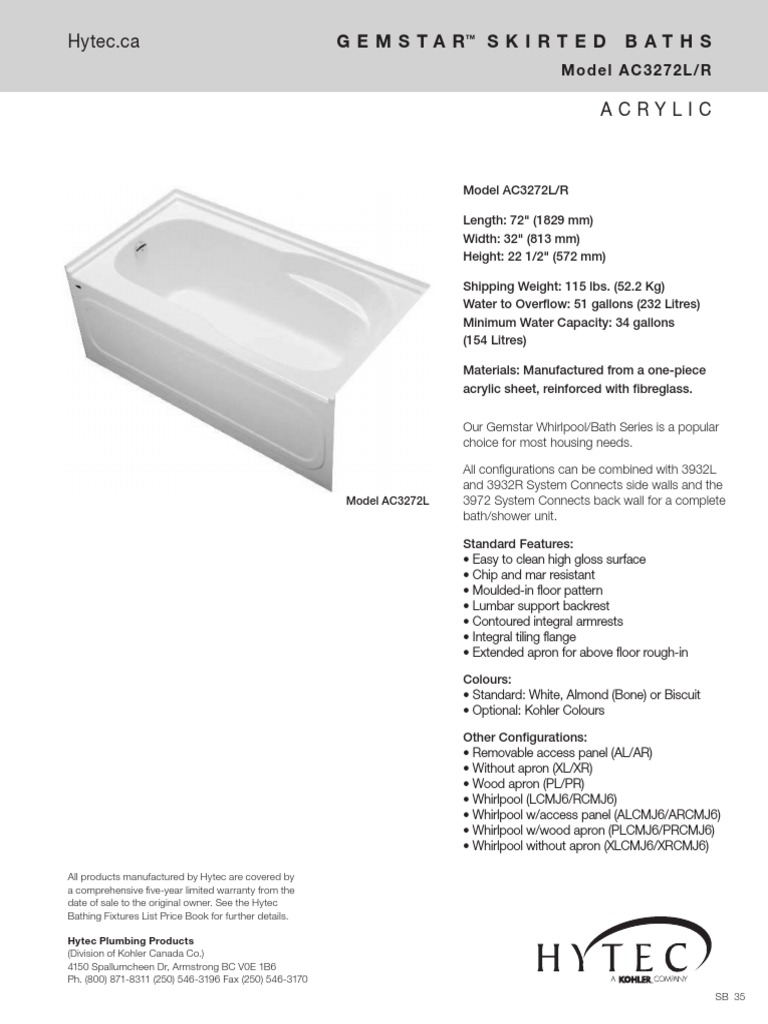 Hytec Ac3272l R Acr Bathtub Whirlpools | PDF | Plumbing | Building ...