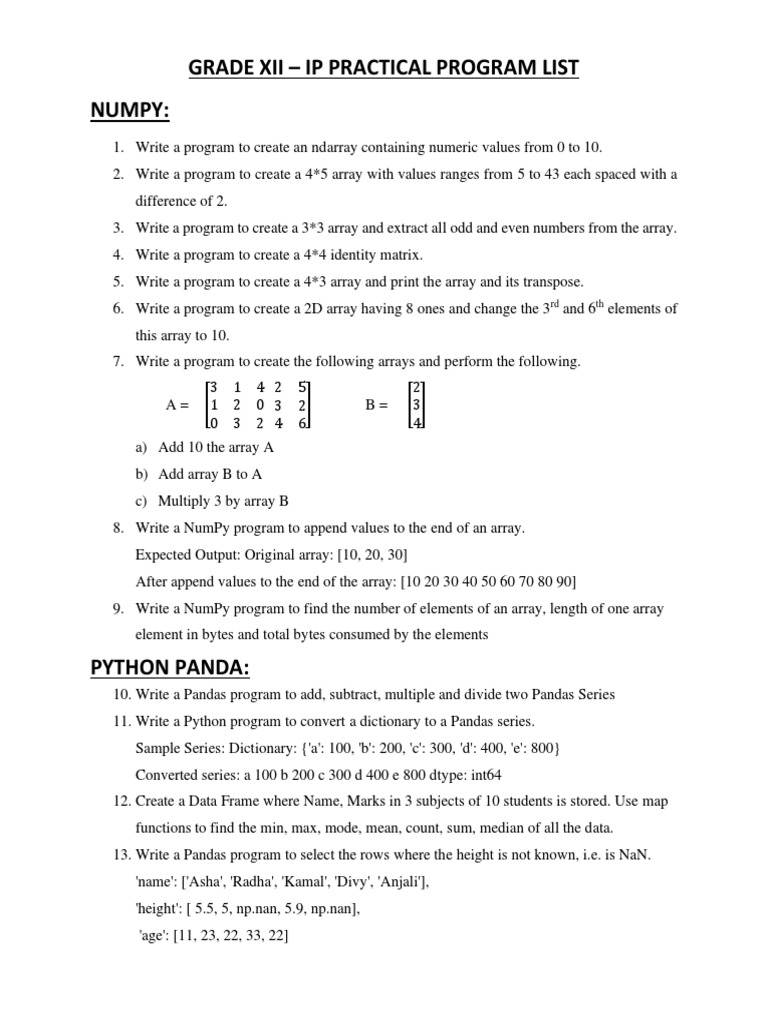 Grade 12 Practical File 2019-20 | PDF | Matrix (Mathematics) | Sql