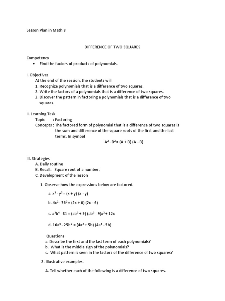 Difference of Two Squares - Lesson Plan | PDF