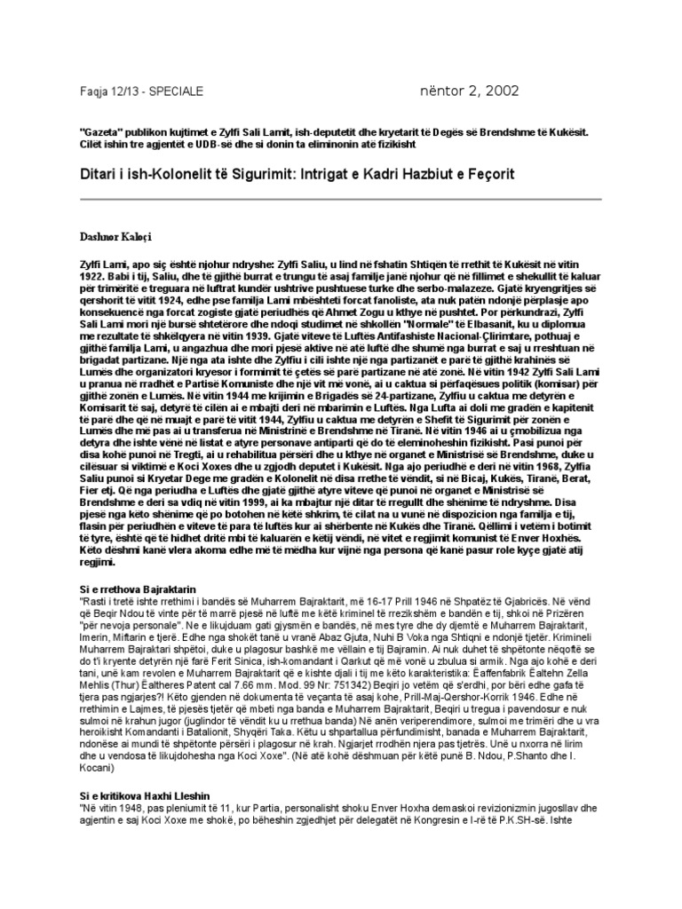 Ditari I Ish-Kolonelit Të Sigurimit - Intrigat e Kadri Hazbiut | PDF Ditari I Ish-Kolonelit Të Sigurimit - Intrigat e Kadri Hazbiut | PDF