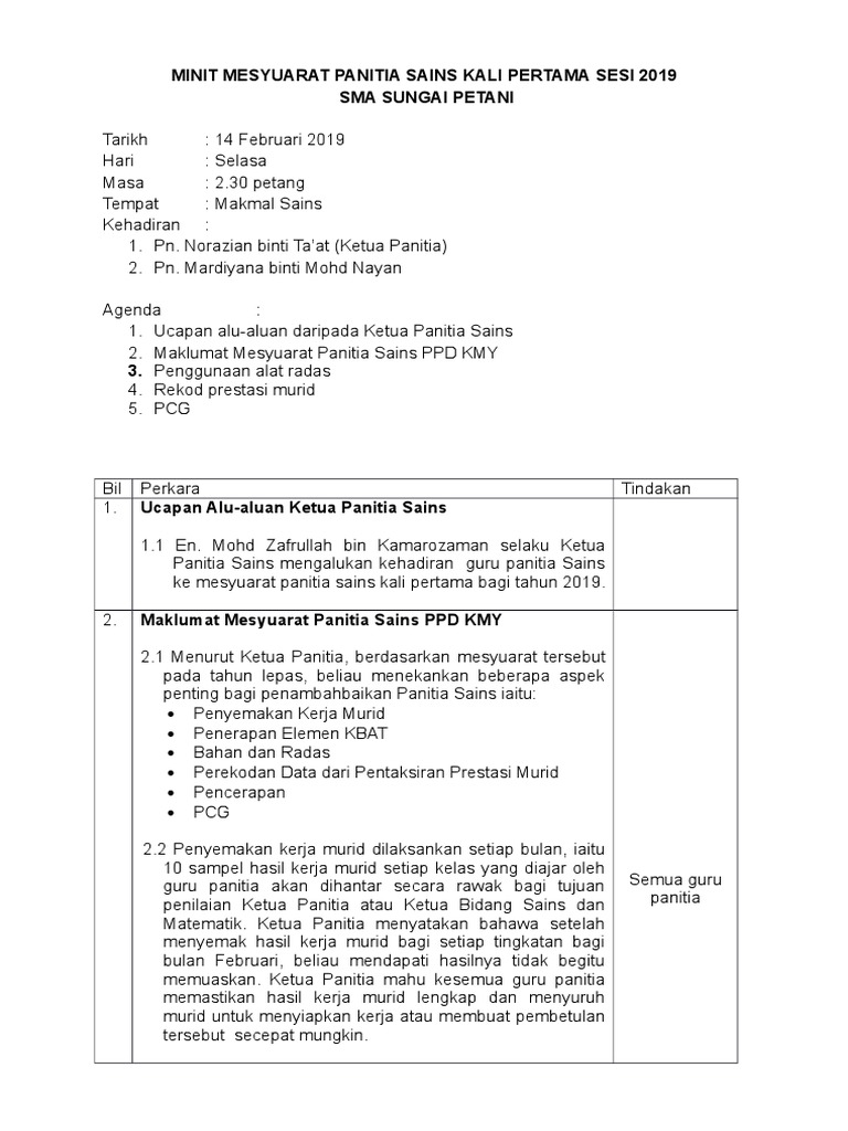 Minit Mesyuarat Panitia Sains Kali Kedua | PDF