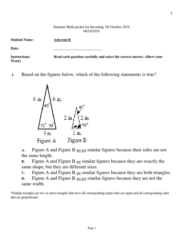 Summer Math Packet for 7th Graders | PDF | Triangle | Fraction ...