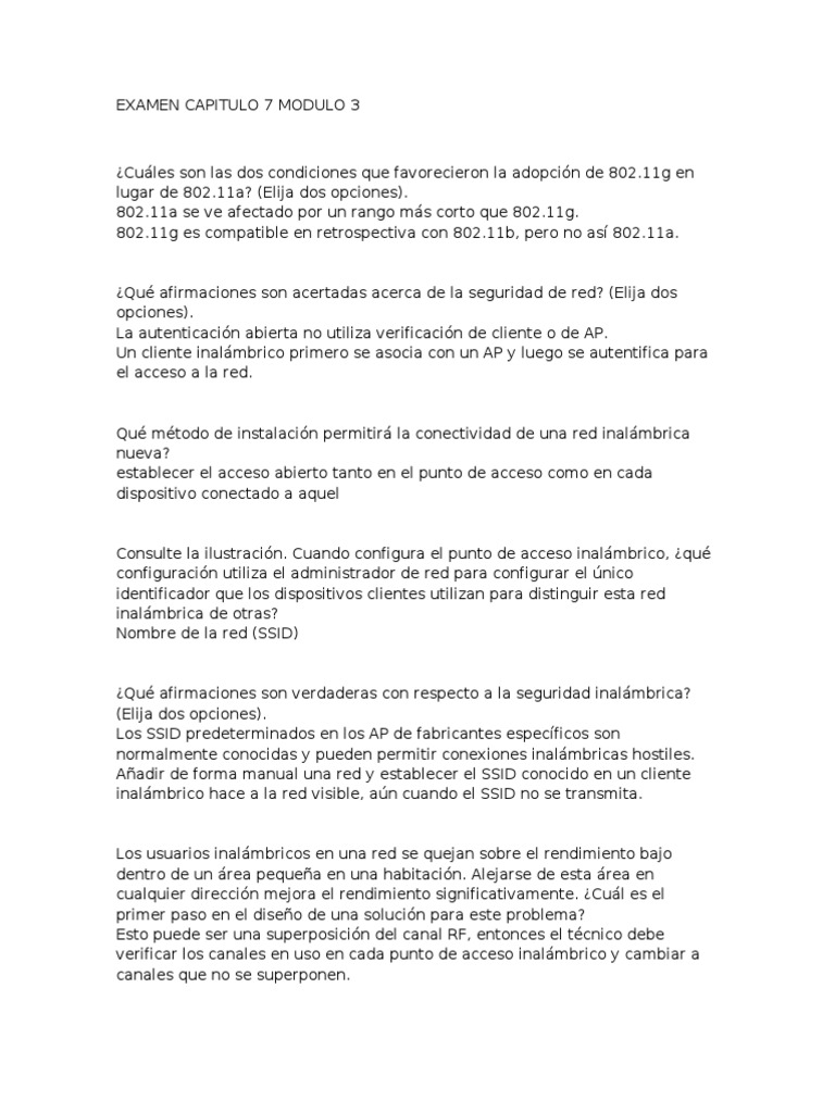 Examen Capitulo 7 Modulo 3 | PDF | Punto de acceso inalámbrico | Ieee ...