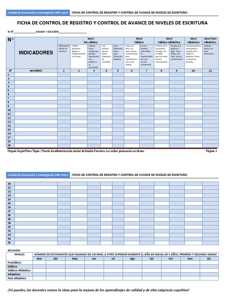 Ficha de Registro de Niveles de Escritura | PDF | Sílaba | Alfabeto