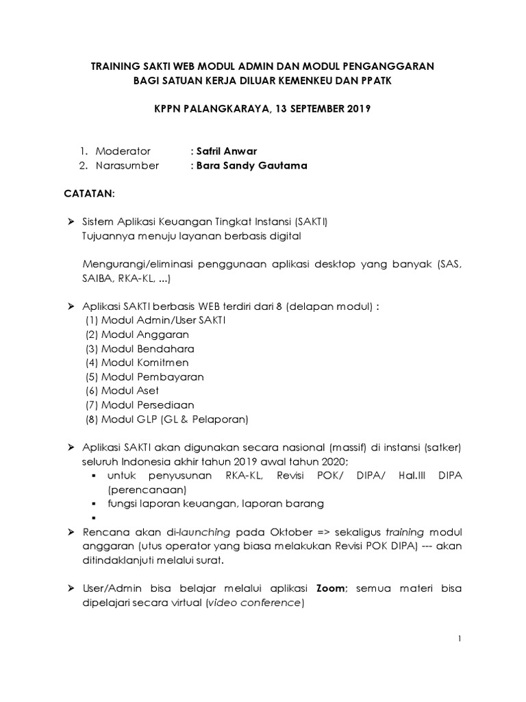 Training Sakti Web Modul Admin Dan Modul Penganggaran 13092019 | PDF