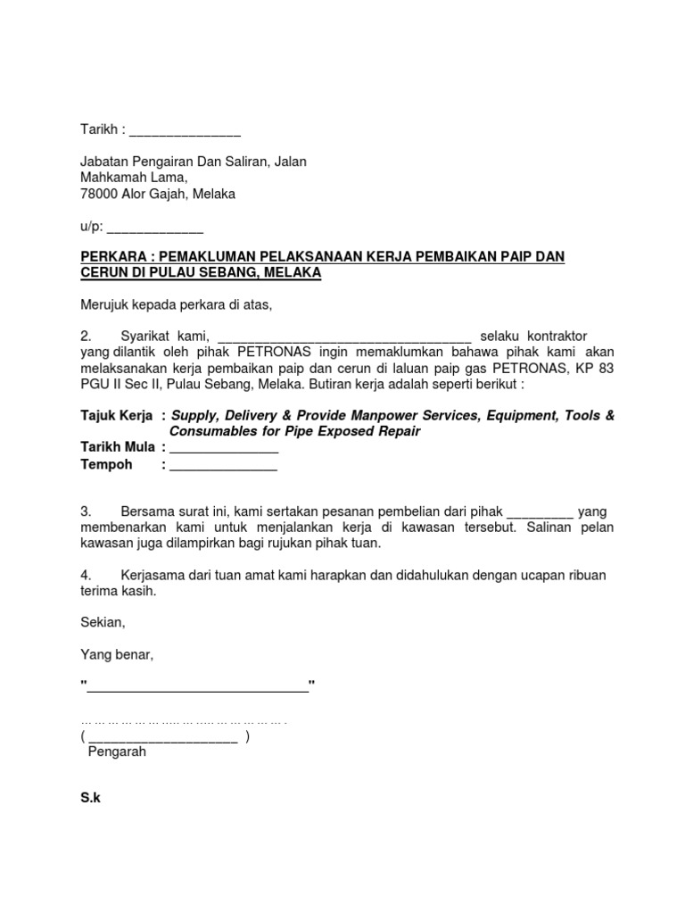 Contoh Surat Pemakluman Pelaksaaan Kerja | PDF