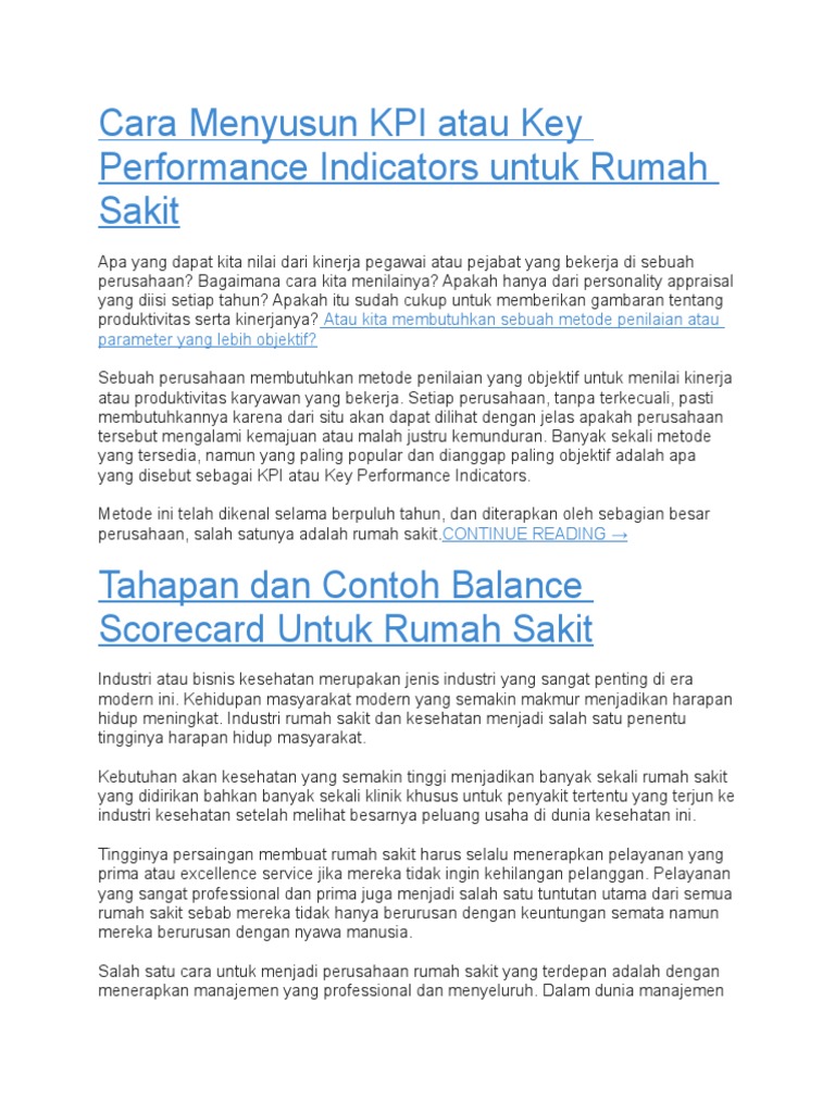 Cara Menyusun KPI Atau Key Performance Indicators Untuk Rumah Sakit | PDF