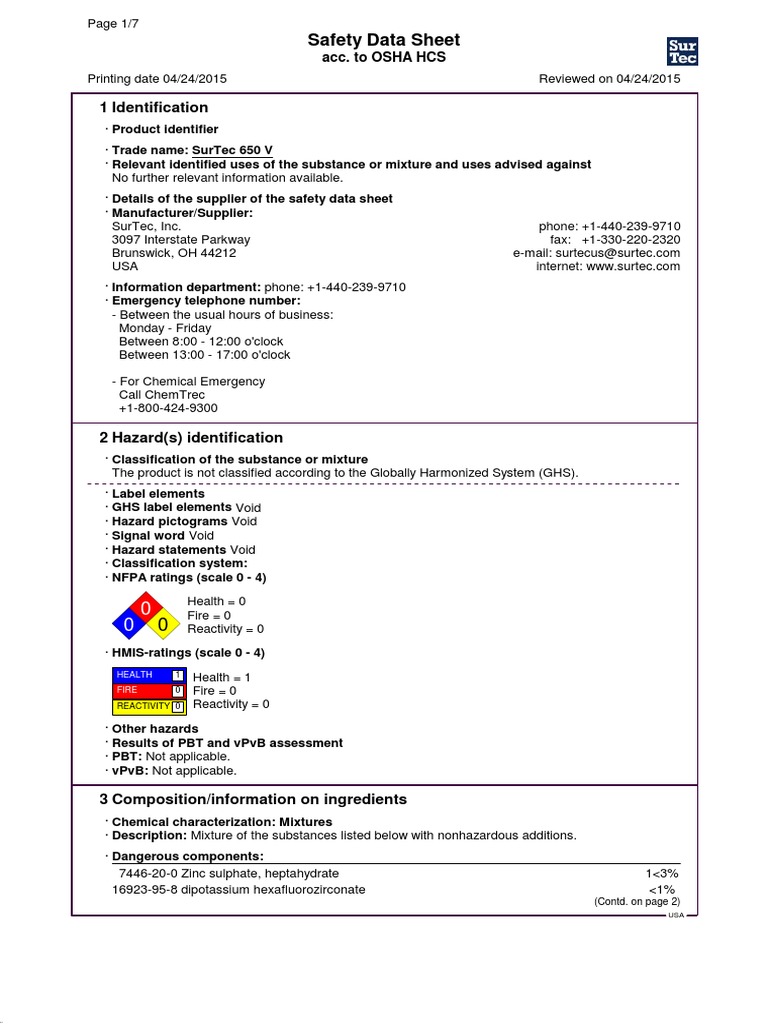 Surtec 650V msds | Prevention | Chemistry