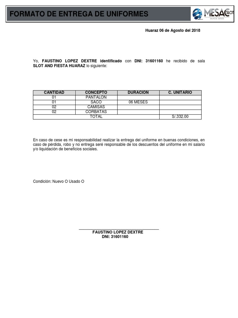 Formato Entrega Uniformes Pdf