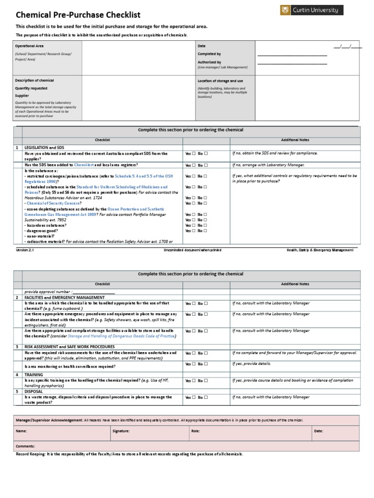 Chemical Checklist | PDF | Dangerous Goods | Emergency Management