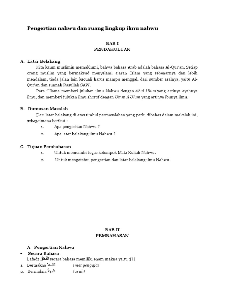Makalah Pengertian Nahwu Dan Ruang Lingkup Ilmu Nahwu | PDF